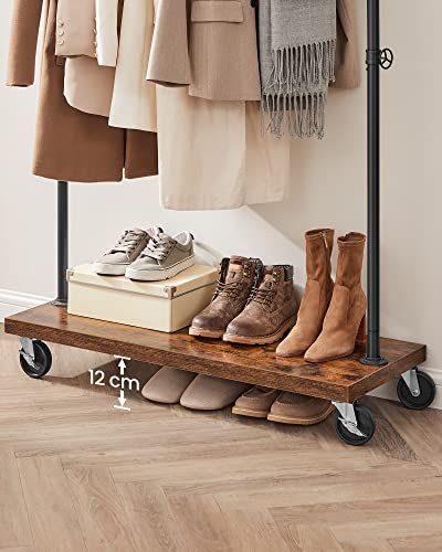 VASAGLE Clothes Rail for Bedroom, Heavy-Duty Clothes Rack, Industrial Pipe Rolling Garment Rack with Shelf, Top Rail Max. Load 90 kg, Laundry Room, Retail Store, Rustic Brown and Black HSR65BXV1