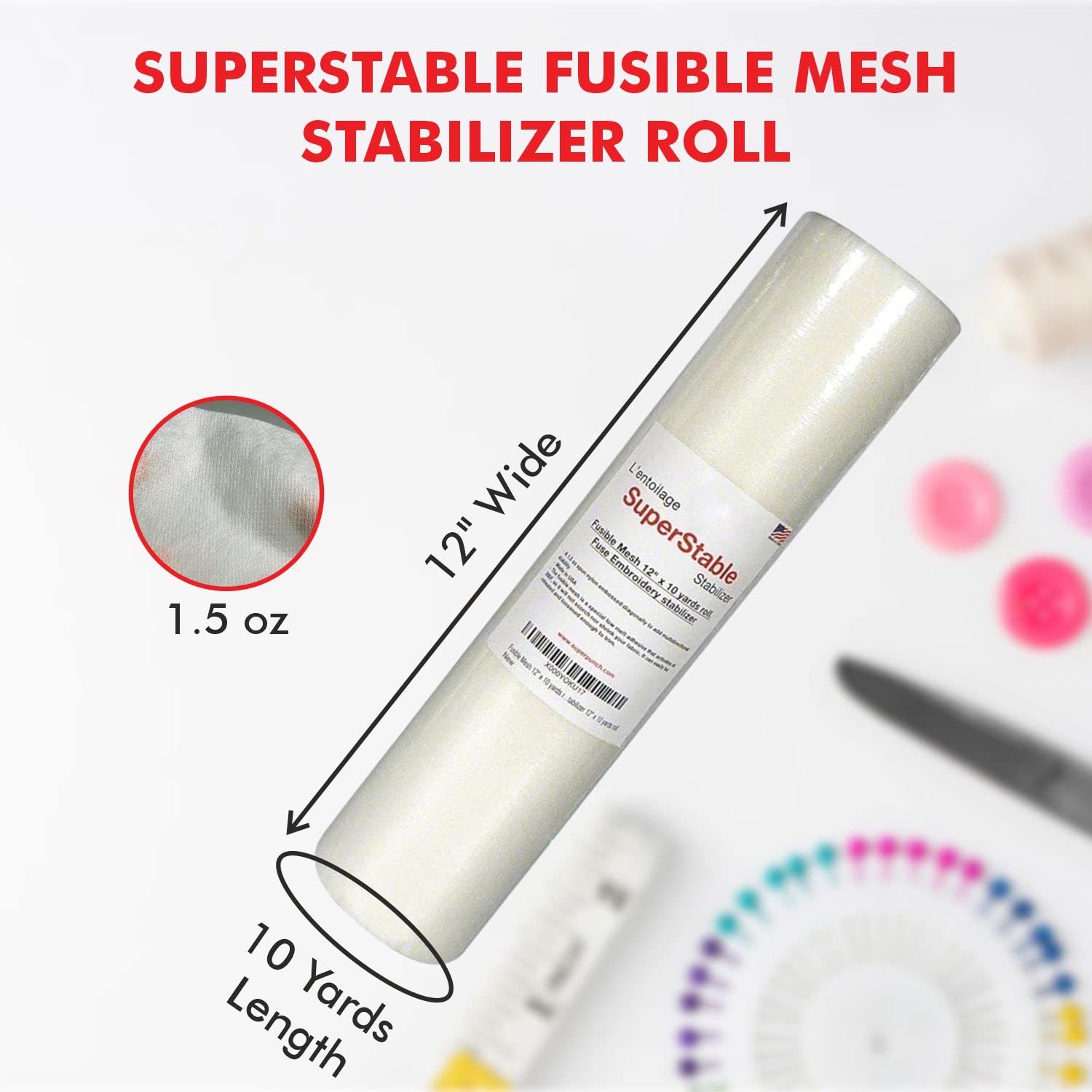 Superpunch Fusible Iron On No Show Mesh Embroidery Stabilizer, 1.5 Oz Lightweight Embroidery Backing Stabilizer-12 Inch x 10 Yard, SuperStable White Stabilizer for Embroidery Machine, Made in USA