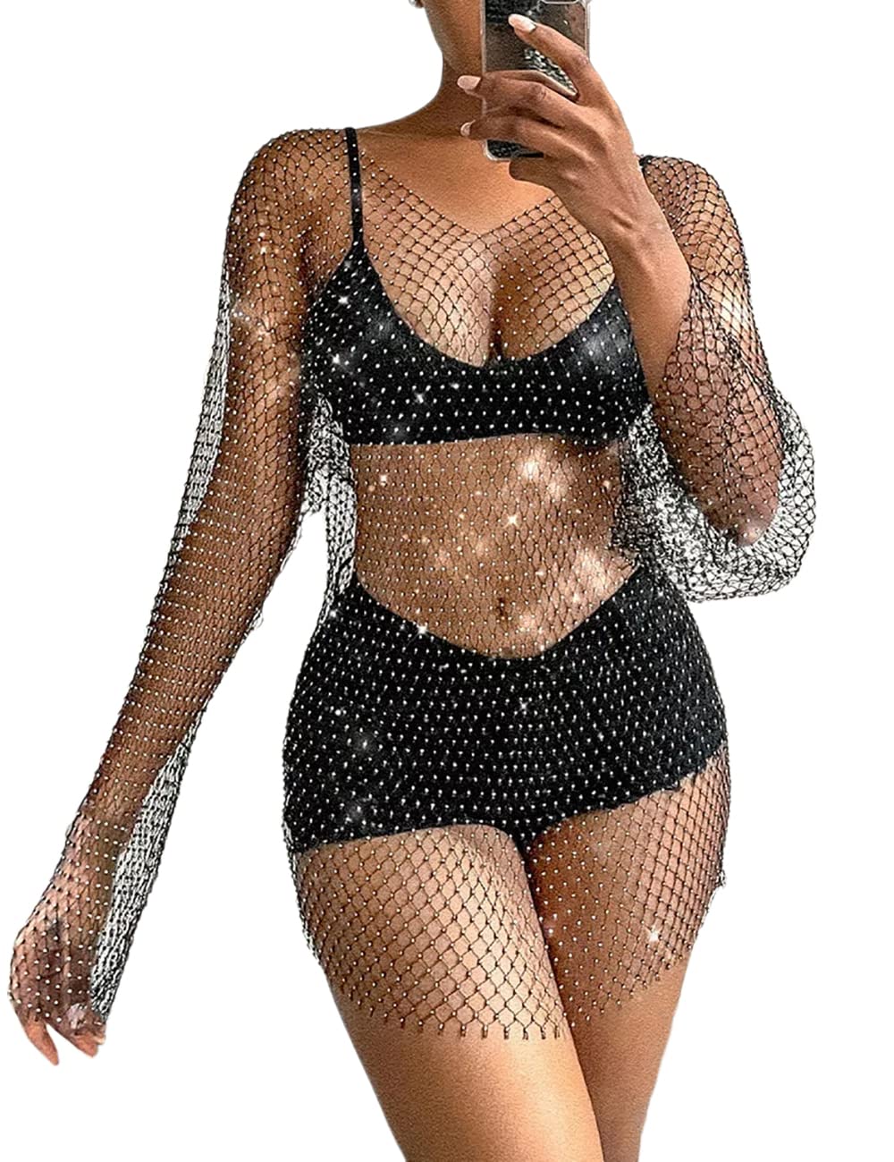 Lrady Women's Rhinestone Mesh Sheer Fishnet Long Sleeve V Neck Mini Dresses Sexy Bikini Beach Cover Up Clubwear, Black & White, Large
