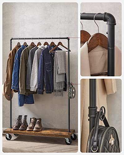 VASAGLE Clothes Rail for Bedroom, Heavy-Duty Clothes Rack, Industrial Pipe Rolling Garment Rack with Shelf, Top Rail Max. Load 90 kg, Laundry Room, Retail Store, Rustic Brown and Black HSR65BXV1