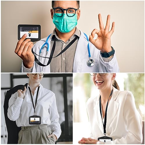 BOKOVNGEE 2pack badge holder with nylon lanyard and key ring, Horizontal cowhide ID badge holder with Double sided transparent window for Office worker,Teachers,Students, Workers,Medical staff