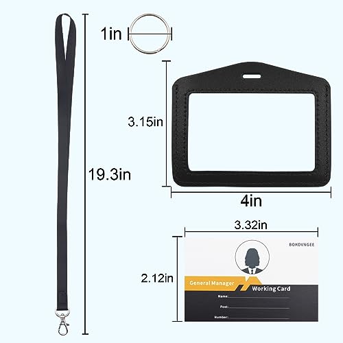 BOKOVNGEE 2pack badge holder with nylon lanyard and key ring, Horizontal cowhide ID badge holder with Double sided transparent window for Office worker,Teachers,Students, Workers,Medical staff