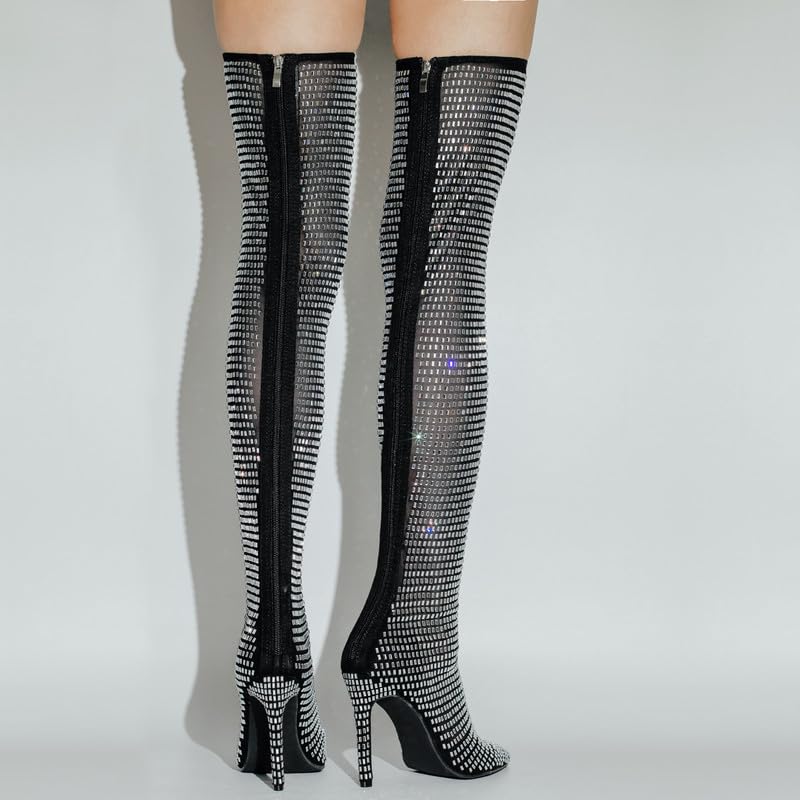 sexytag Women's RhinestoneThing High Boots Sparkly Diamante Pointed Toe Back Zipper Stiletto Heels Stretch Stocking Glitter Sexy Over The Knee Mesh Socks Boots Black Size 7.5