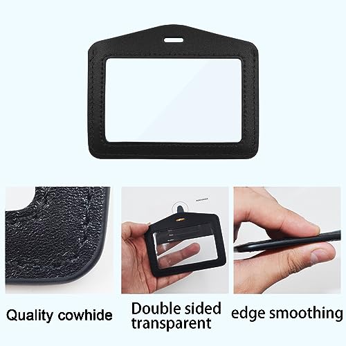 BOKOVNGEE 2pack badge holder with nylon lanyard and key ring, Horizontal cowhide ID badge holder with Double sided transparent window for Office worker,Teachers,Students, Workers,Medical staff