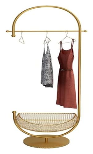 Clothes Rail Garment Rack Gold Clothing Racks With Marble Base Modern Gold Coat Racks With Storage Basket Vertical Hanging Clothes Rack For Bedroom Heavy Duty Garment Racks In Hallway, Entryway ( Colo