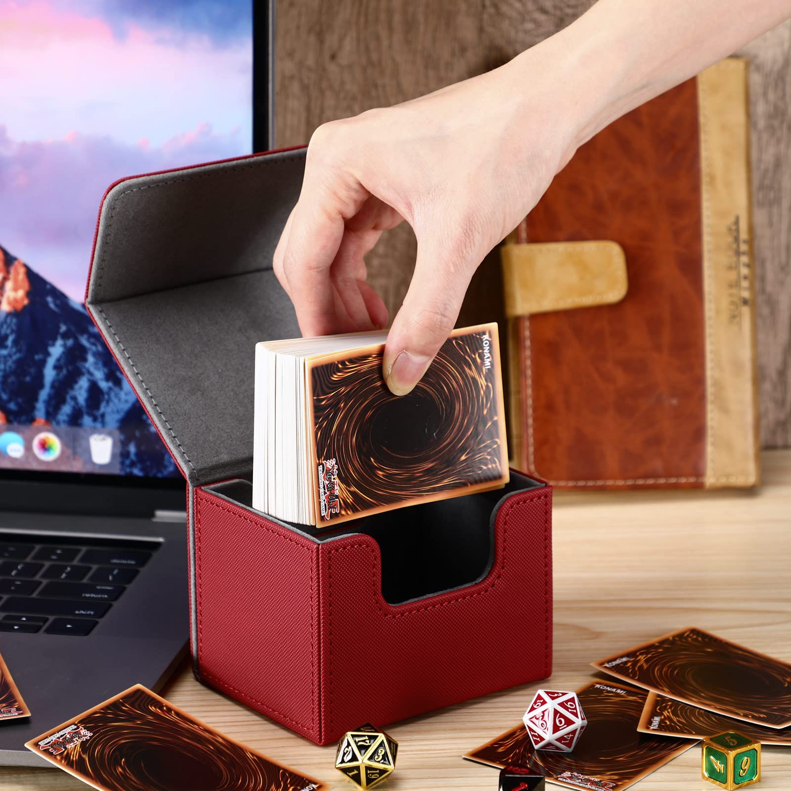 Yookeer 4 Pieces Leather Deck Card Boxes Cards Deck Game Box for Collectible Playing Card Box Compatible with MTG Commander(Black, White, Red, Green,Horizontal)