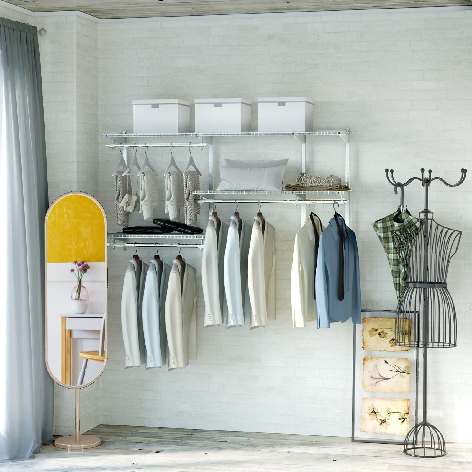 Tangkula 3 to 5 FT Custom Closet Organizer System Kit, Wall-Mounted Storage Organizer with Wire Shelving and Hanging Rods, Adjustable Closet Organizer Kit, Configurations Custom Closet for Bedroom