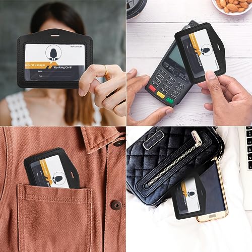 BOKOVNGEE 2pack badge holder with nylon lanyard and key ring, Horizontal cowhide ID badge holder with Double sided transparent window for Office worker,Teachers,Students, Workers,Medical staff