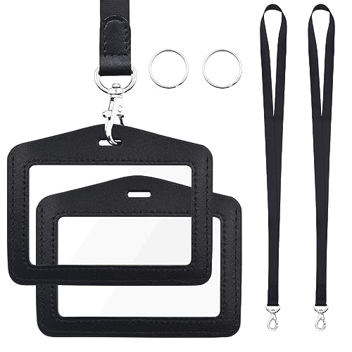 BOKOVNGEE 2pack badge holder with nylon lanyard and key ring, Horizontal cowhide ID badge holder with Double sided transparent window for Office worker，Teachers，Students, Workers，Medical staff