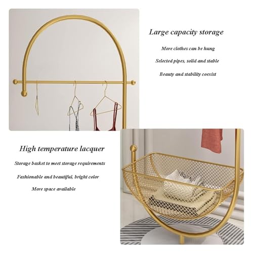 Clothes Rail Garment Rack Gold Clothing Racks With Marble Base Modern Gold Coat Racks With Storage Basket Vertical Hanging Clothes Rack For Bedroom Heavy Duty Garment Racks In Hallway, Entryway ( Colo