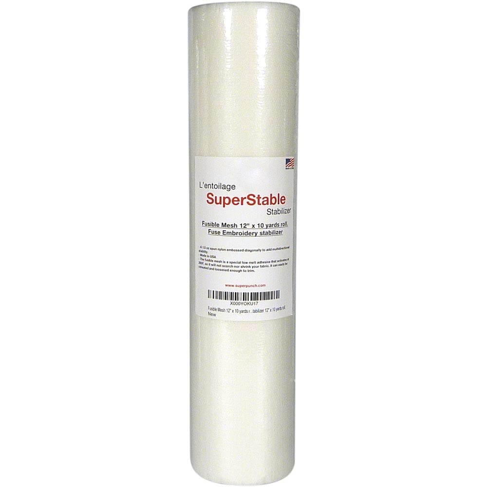 Superpunch Fusible Iron On No Show Mesh Embroidery Stabilizer, 1.5 Oz Lightweight Embroidery Backing Stabilizer-12 Inch x 10 Yard, SuperStable White Stabilizer for Embroidery Machine, Made in USA