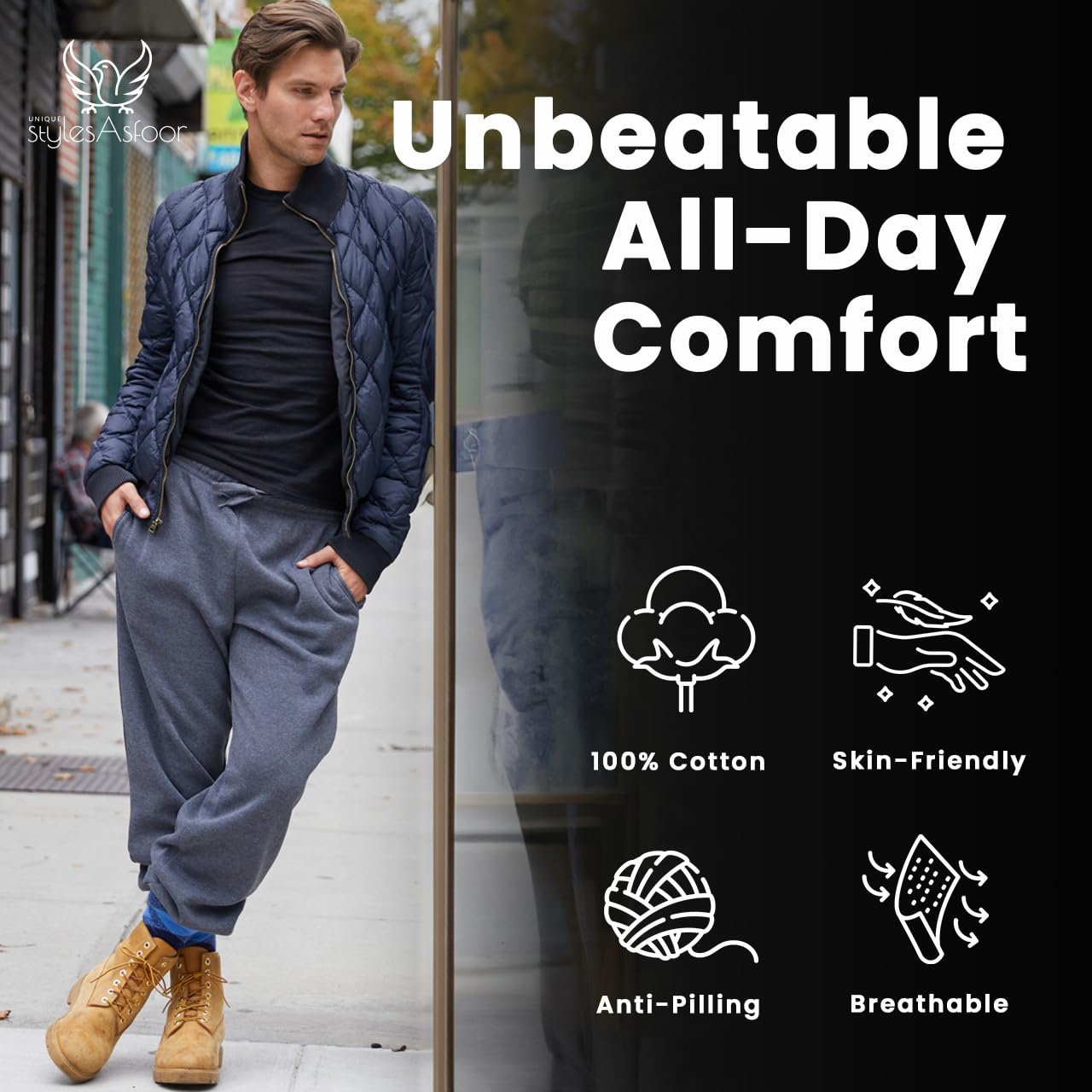 UNIQUE STYLES ASFOOR Elastic Bottom Baggy Sweatpants for Men, Soft Men’s Lounge Pants, Lightweight Men’s Athletic Pants, Fleece Sweat Pants with Pockets, Workout Joggers for Men | Charcoal - Large