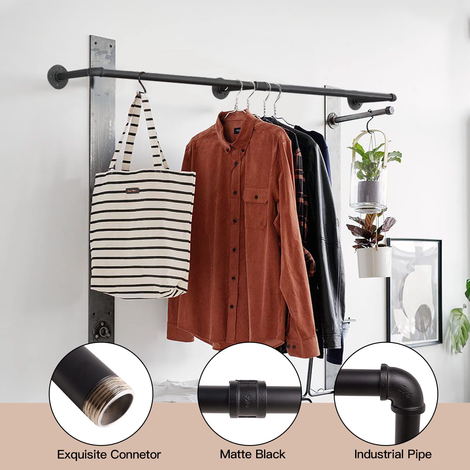 Varsoul Clothes Hanger Pole Wall Mount, 72" Heavy Duty Detachable Black Iron Garment Bar Hanging Rod Holder, Clothes Rail Shelf Wardrobe Organizer for Laundry Room & Closet Storage, 3 Base