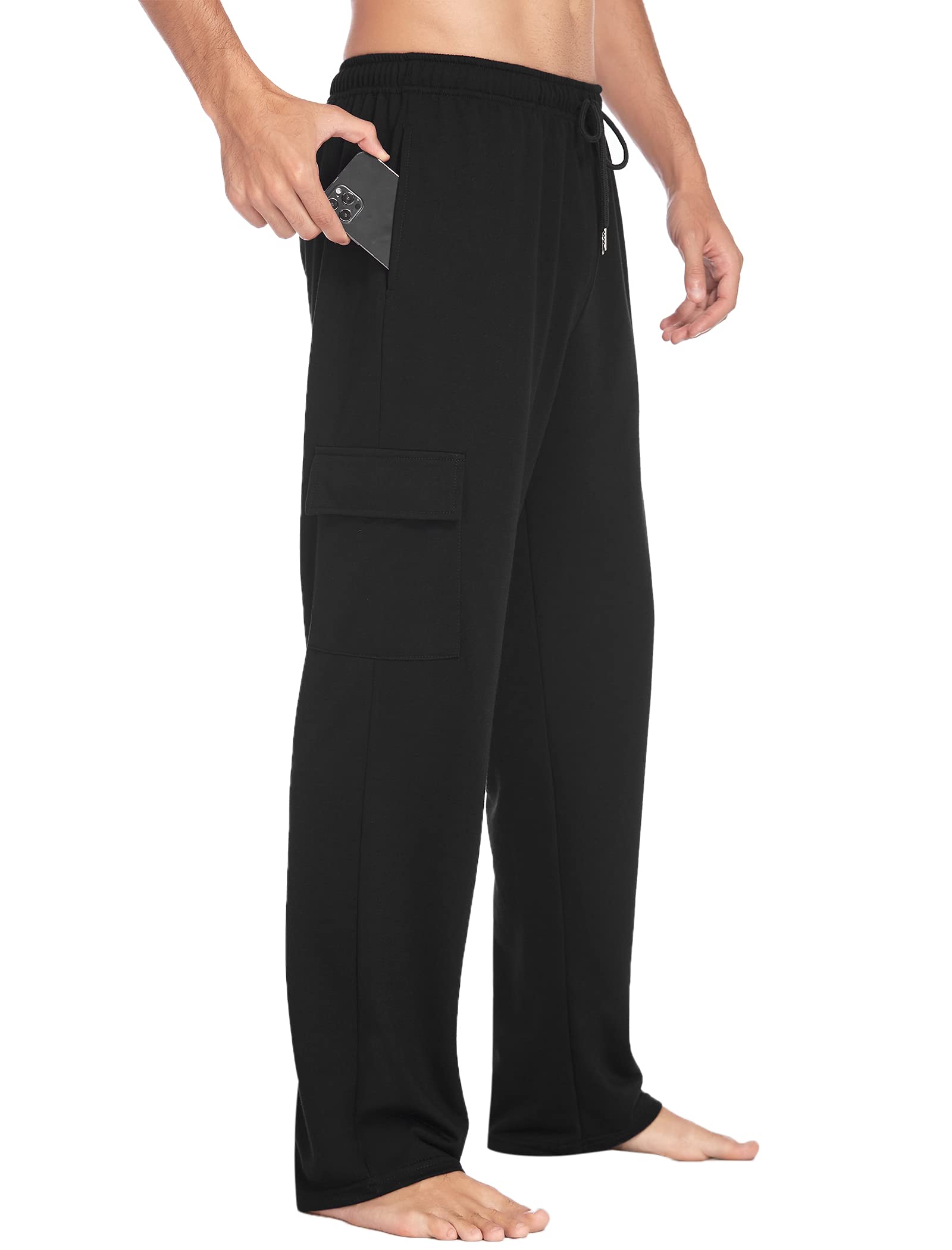 Deyeek Mens Sweat Pants Cargo Sweats for Men Baggy Cargo Sweatpants Open Bottom Gym Joggers Men's Athletic Pants with Pockets Black
