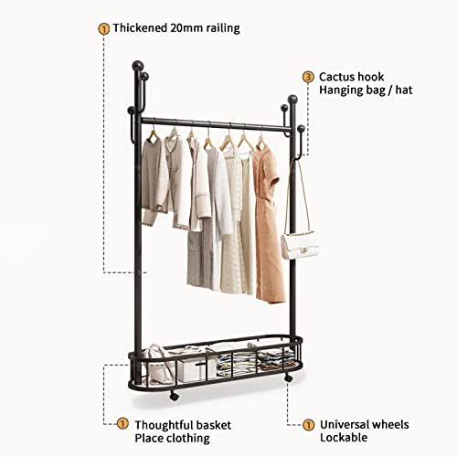 FAXIOAWA Metal Coat Rack Stand With Basket Garment Rail With 360° Wheel 4 Side Hooks Clothes Rack For Hall, Entryway, Bathroom And Living Room (Color : Pink, Size : 100cm)