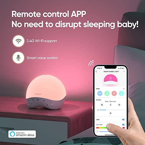bonoch Baby Sound Machine, Night Light, OK-to-Wake Clock, Time-to-Rise Sleep Trainer, White Noise Machine for Sleeping Baby, 25 Sounds for Kid Adult, Timer, Dimmable & APP & Voice Control with Alexa