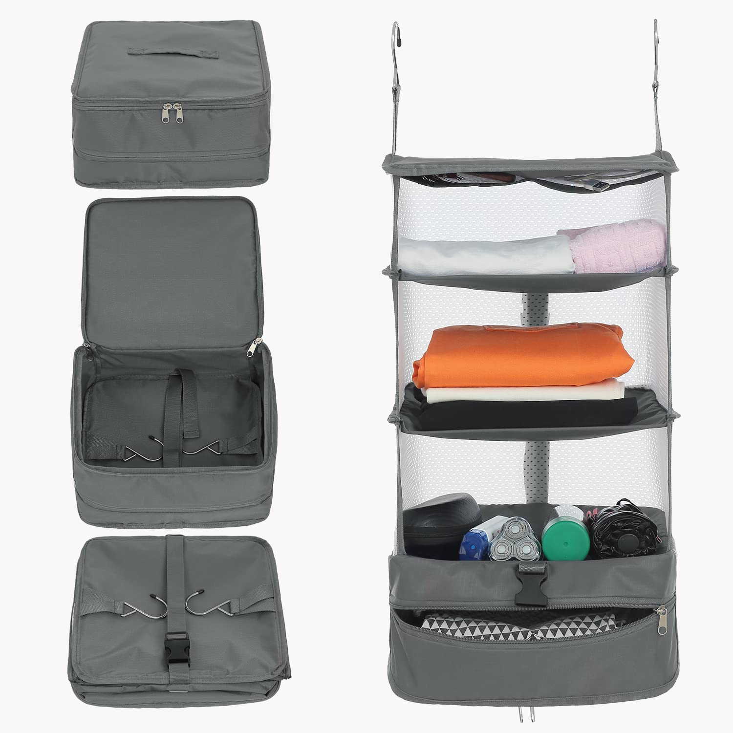 ELEZAY Hanging Packing Cubes Portable Travel Closet Collapsible Compression Clothes Organizer with Built in Shelves for Carry-on Luggage Suitcase Wardrobe Large_11.8 * 11.8 * 24 in, Grey