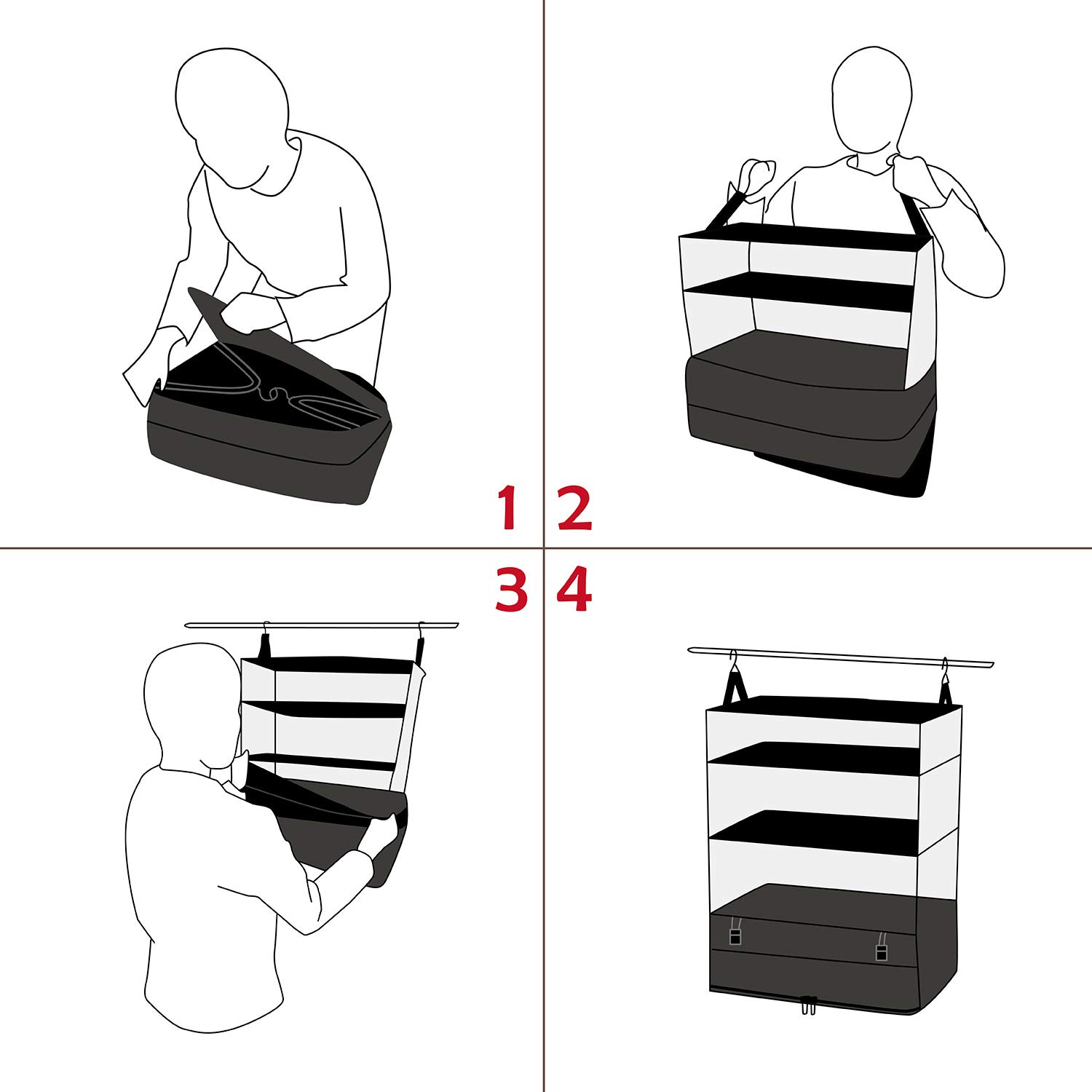 ELEZAY Hanging Packing Cubes Portable Travel Closet Collapsible Compression Clothes Organizer with Built in Shelves for Carry-on Luggage Suitcase Wardrobe Large_11.8 * 11.8 * 24 in, Grey