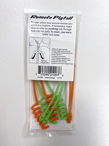 Remote Pigtail | Never Misplace Your Remote Again | Remote Tether | Lost Remote Solution | Fits Apple, Samsung, Sony, LG, Dyson and Other remotes | Silicone | 4-Pack (2 Green & 2 Orange)