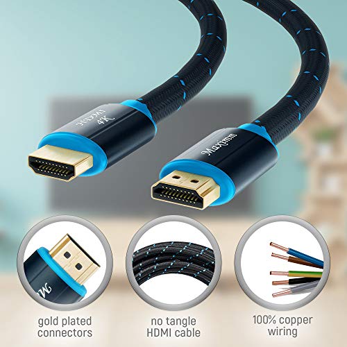 HDMI Cable 4K Ultra HD 4 Foot (3 Pack) Nylon Braided HDMI 2.0 Cable, High Speed 18Gbps 4K@60Hz HDR, 3D, 2160p, 1080p, HDCP 2.2, ARC, HDMI Cables for Monitors, HDTV