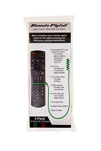 Remote Pigtail | Never Misplace Your Remote Again | Remote Tether | Lost Remote Solution | Fits Apple, Samsung, Sony, LG, Dyson and Other remotes | Silicone | 4-Pack (2 Green & 2 Orange)