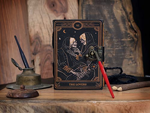Book of Spells Leather Journal Deckle Edge Paper Grimoire Printed Journal The Lovers Tarot Notebook Spiral Gothic Notebook Skull lover Antique Vintage Leather Journals for Men and Women