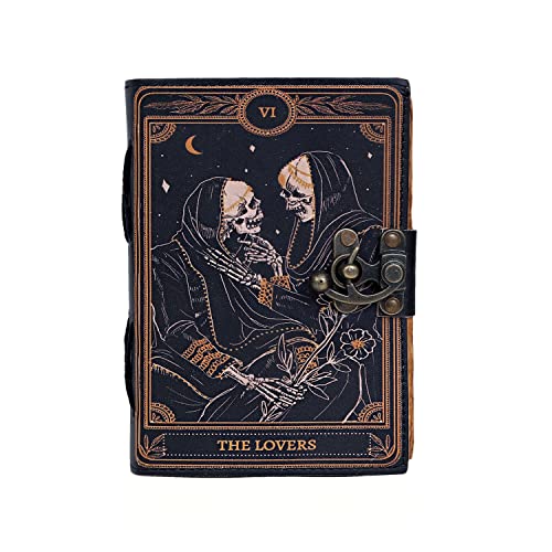 Book of Spells Leather Journal Deckle Edge Paper Grimoire Printed Journal The Lovers Tarot Notebook Spiral Gothic Notebook Skull lover Antique Vintage Leather Journals for Men and Women