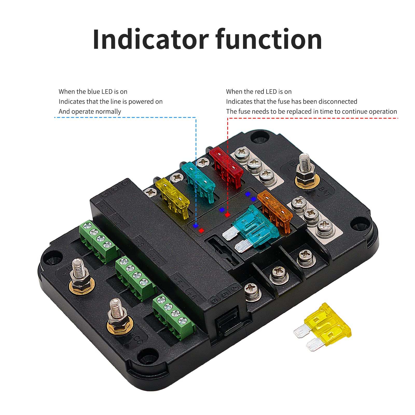 BlueFire 12V Fuse Block, Upgraded 6 Circuit Fuse Box with Acc Interface,Fuse Holder with LED Light Indication & Protection Cover for Car Boat Marine Truck Vehicle SUV Yacht RV(6 Way- A)