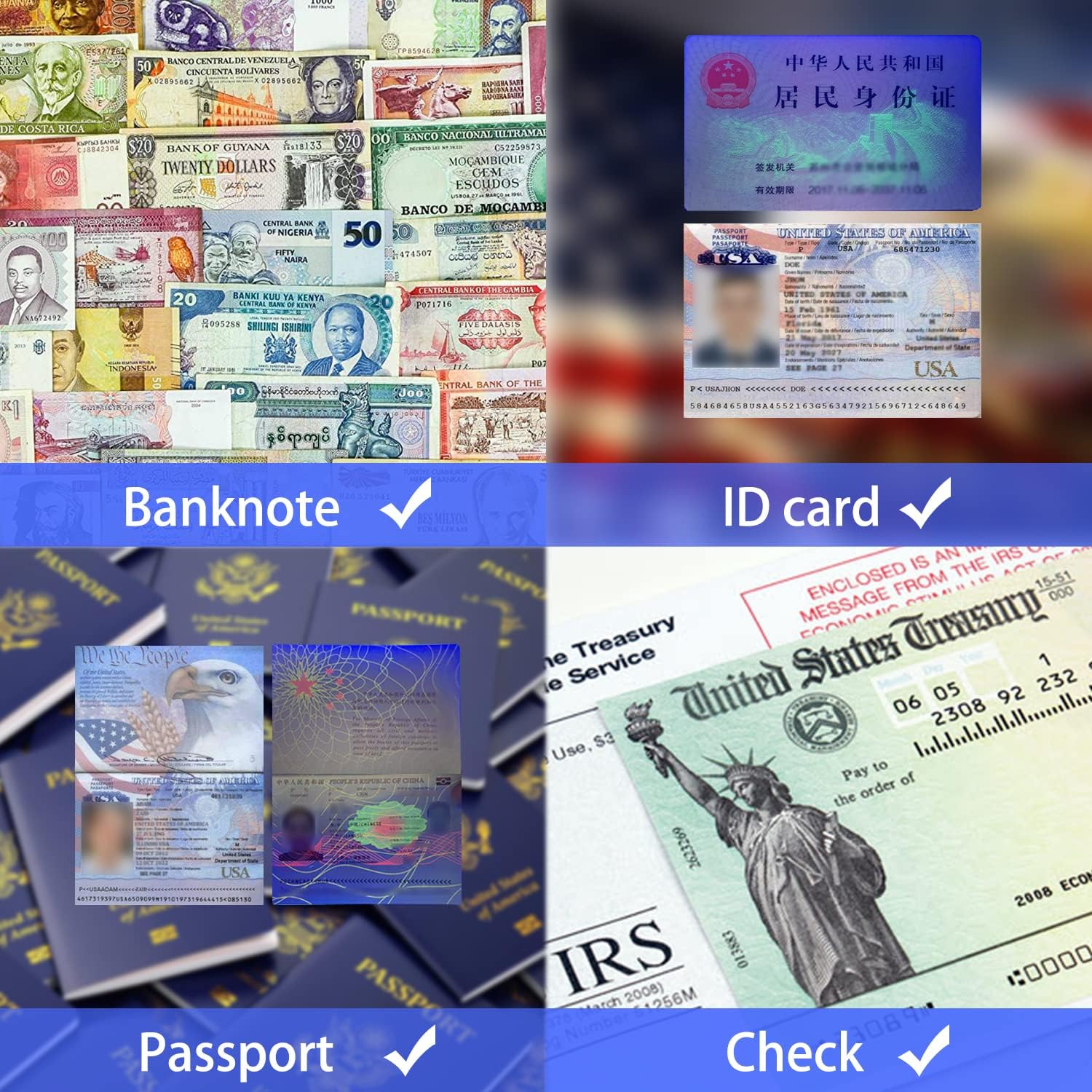 Ribao SLD-16 Bill Detector with UV and Watermark Counterfeit Detection, Money Checker, ID Card/Passport Identification and verification, Business and Office use