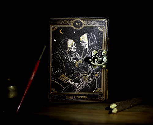 Book of Spells Leather Journal Deckle Edge Paper Grimoire Printed Journal The Lovers Tarot Notebook Spiral Gothic Notebook Skull lover Antique Vintage Leather Journals for Men and Women