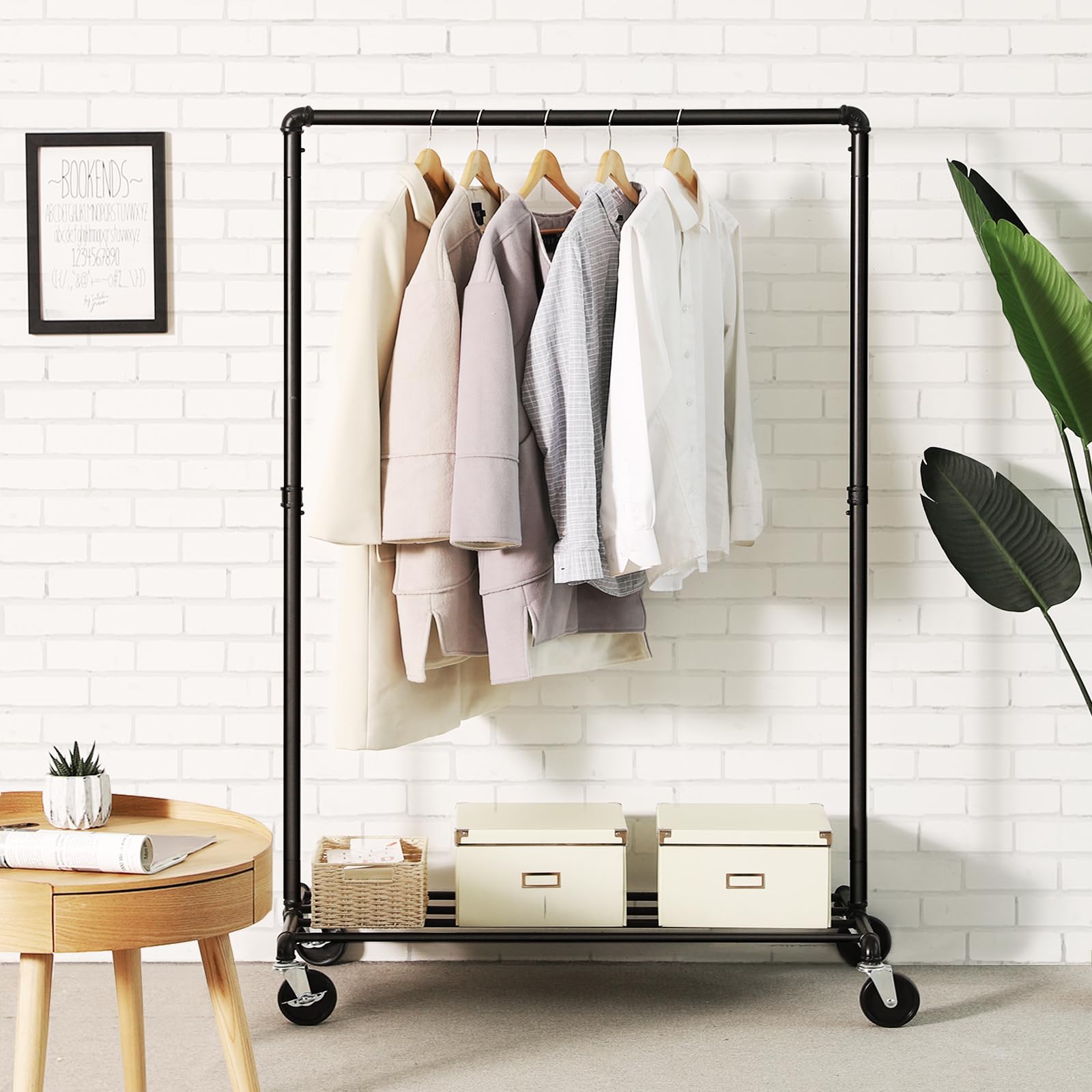 SONGMICS Heavy-Duty Clothes Rack, Clothing Rack for Hanging Clothes, Industrial Garment Rack on Wheels, Metal Frame, 2 Casters with Brakes, Commercial Display, Black UHSR61BK