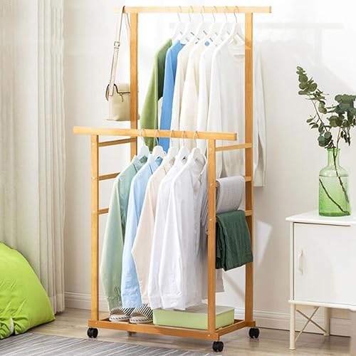 REROM Free Standing Coat Rack On Wheels,Bamboo Clothes Rails Garment Rails For Dress Pants Shoes Hats Easy Assembly Bedroom Floor Standing Garment Rack (Color : Log color, Size : 60cm)