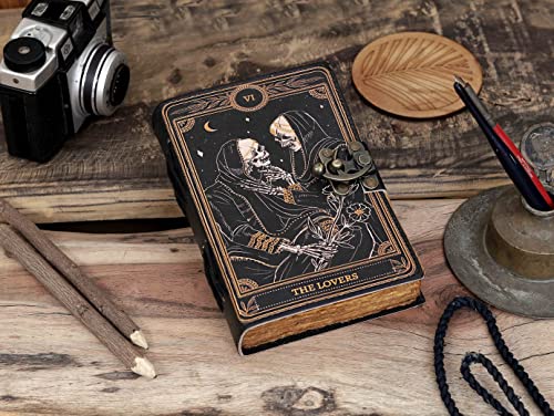 Book of Spells Leather Journal Deckle Edge Paper Grimoire Printed Journal The Lovers Tarot Notebook Spiral Gothic Notebook Skull lover Antique Vintage Leather Journals for Men and Women