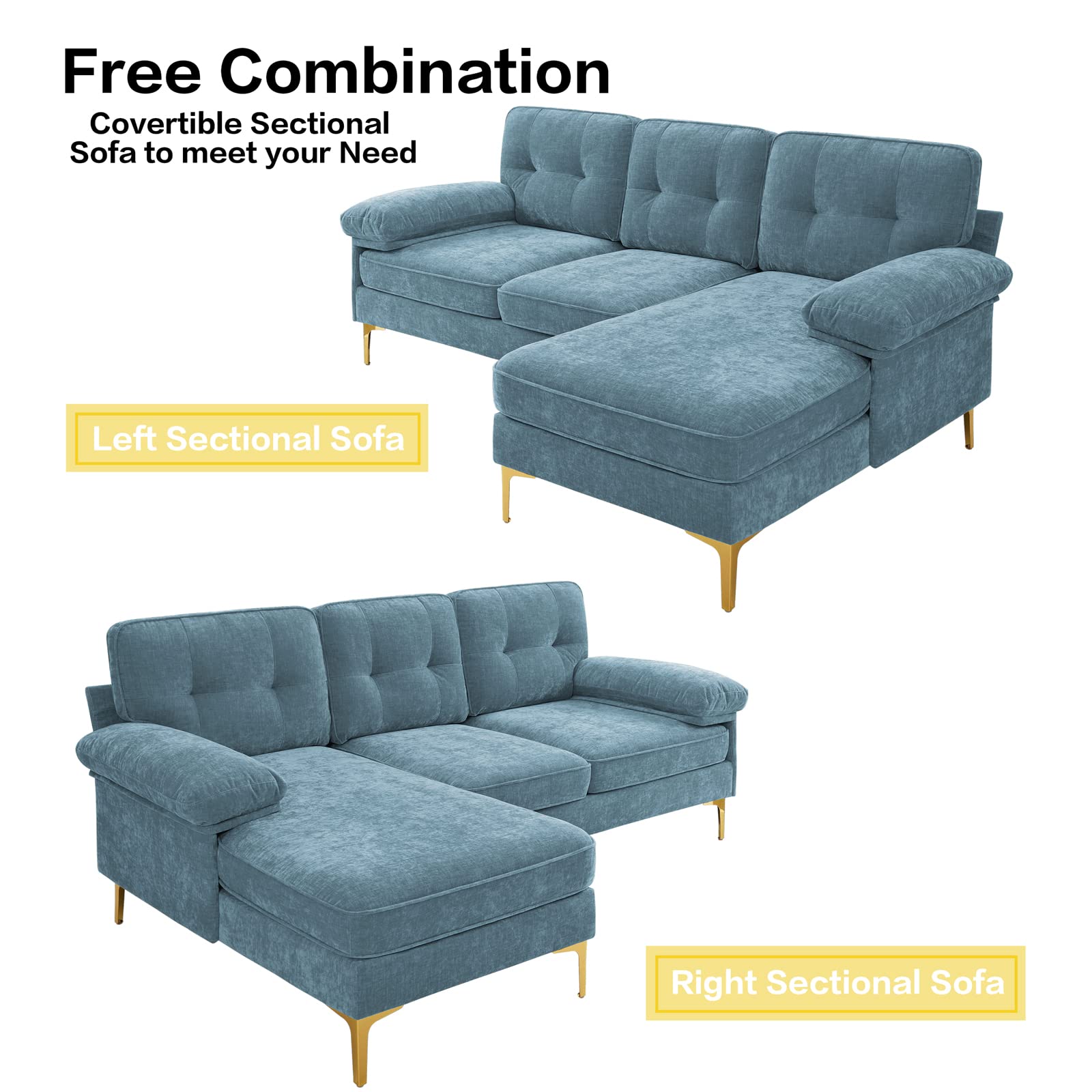 TEKAMON 82.7" Blue Convertible Sectional Sofa, Chenille Fabric L-shaped Couch, Small 3 seats Reversible Sleeper Sofa with Machine Washable Covers for Living room,Apartment and Small Space, Gloden legs