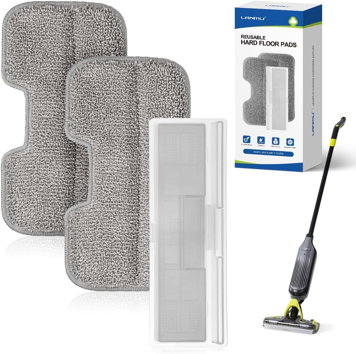 LANMU Reusable Pads Refills Compatible with Shark Vacmop VM252 VM251 VM250 VM200 VM190 VC205 QM250, Upgraded Washable Vacuum Mop Pad Dust Bin Container