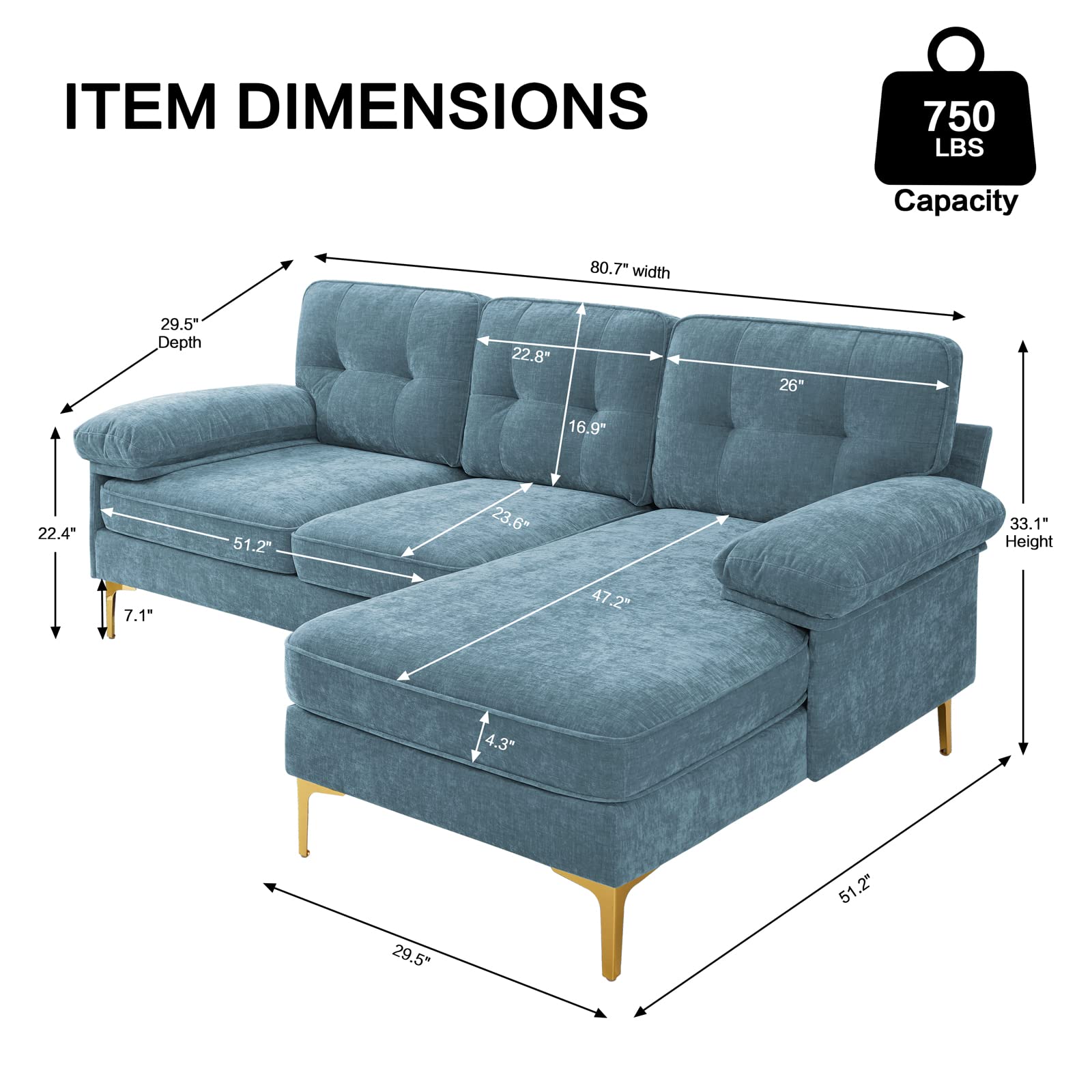 TEKAMON 82.7" Blue Convertible Sectional Sofa, Chenille Fabric L-shaped Couch, Small 3 seats Reversible Sleeper Sofa with Machine Washable Covers for Living room,Apartment and Small Space, Gloden legs
