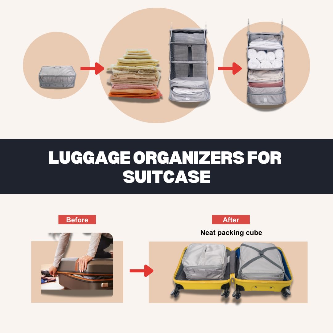 S3 THE BRAND Hanging Luggage Organizers for Suitcase - Collapsible Packing Cubes with Shelves Made for Easy Traveling, Great Organization System, Carry-on Luggage Closet - Large