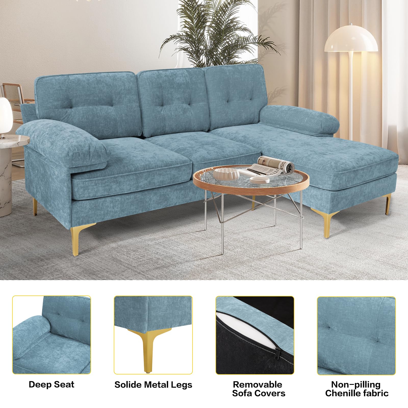 TEKAMON 82.7" Blue Convertible Sectional Sofa, Chenille Fabric L-shaped Couch, Small 3 seats Reversible Sleeper Sofa with Machine Washable Covers for Living room,Apartment and Small Space, Gloden legs