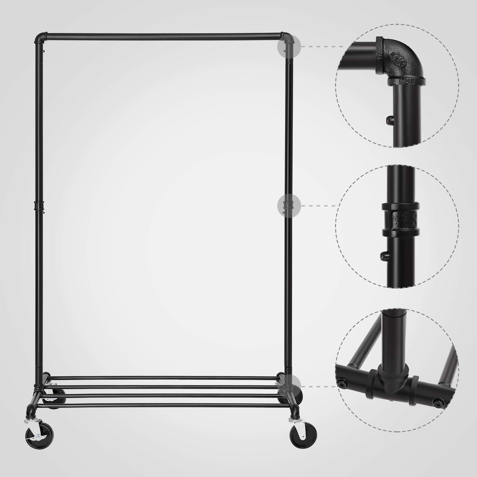 SONGMICS Heavy-Duty Clothes Rack, Clothing Rack for Hanging Clothes, Industrial Garment Rack on Wheels, Metal Frame, 2 Casters with Brakes, Commercial Display, Black UHSR61BK
