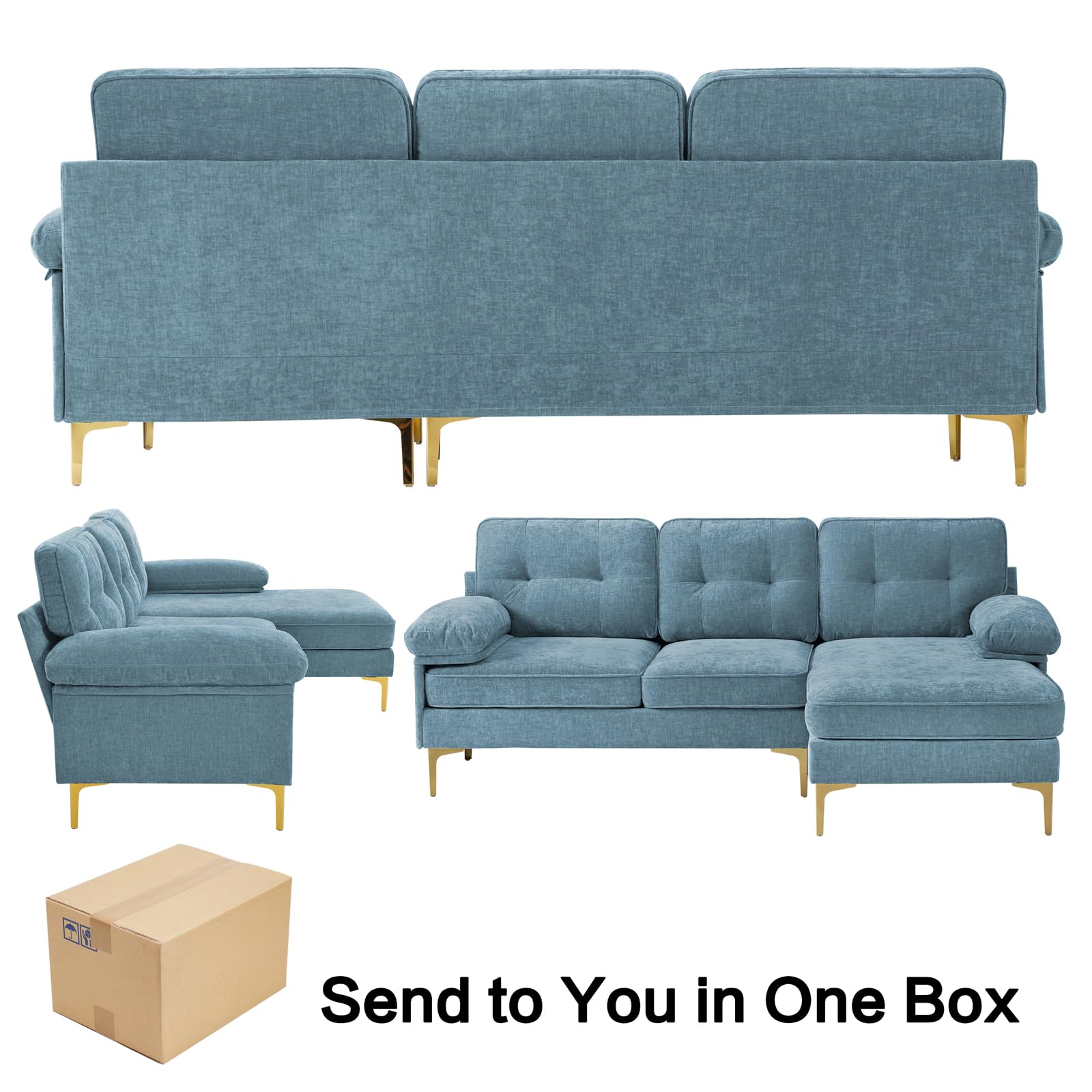 TEKAMON 82.7" Blue Convertible Sectional Sofa, Chenille Fabric L-shaped Couch, Small 3 seats Reversible Sleeper Sofa with Machine Washable Covers for Living room,Apartment and Small Space, Gloden legs