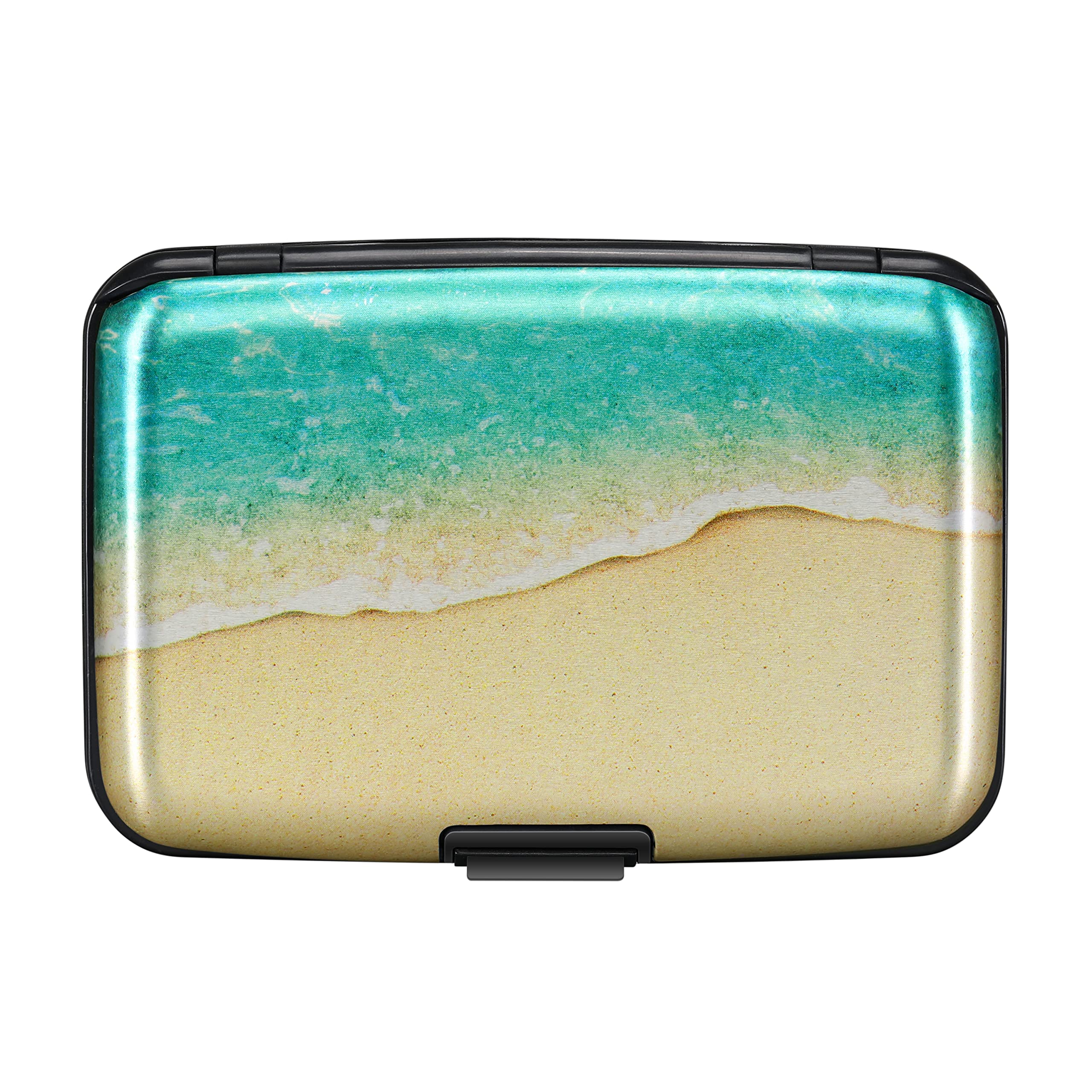 ELFISH Mini RFID Aluminum Wallet Credit Cards Holder Business Card Case Metal ID Case for Men Women(Beach