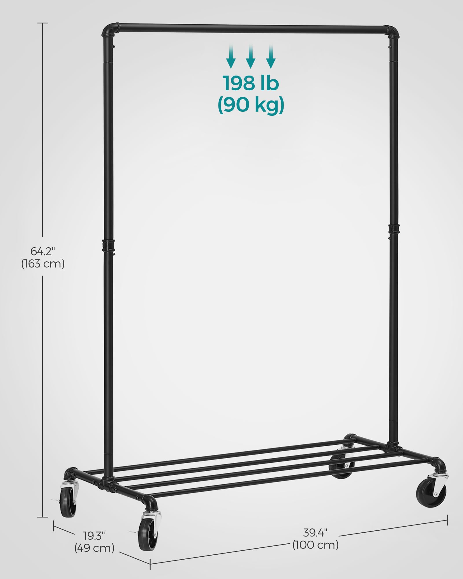 SONGMICS Heavy-Duty Clothes Rack, Clothing Rack for Hanging Clothes, Industrial Garment Rack on Wheels, Metal Frame, 2 Casters with Brakes, Commercial Display, Black UHSR61BK