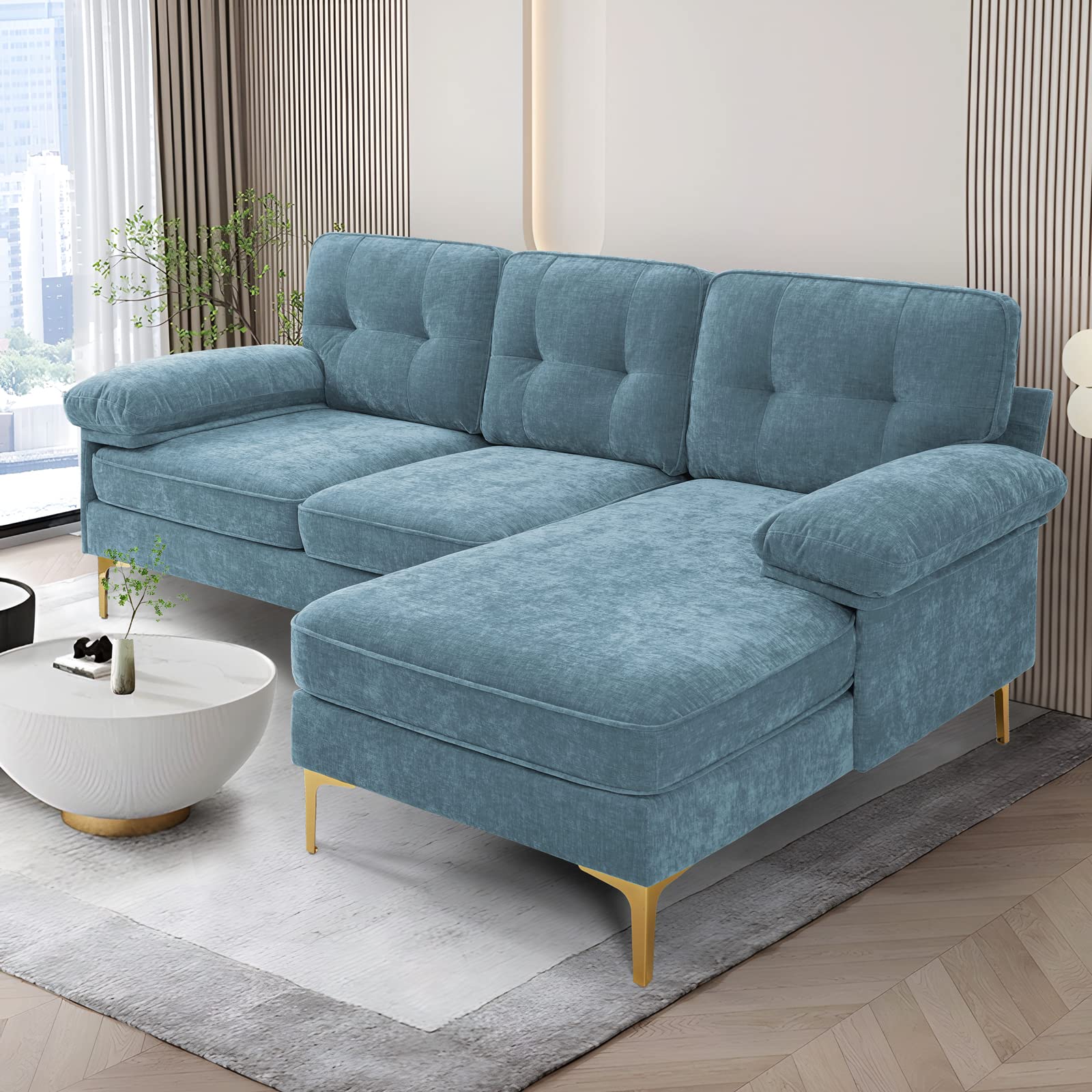 TEKAMON 82.7" Blue Convertible Sectional Sofa, Chenille Fabric L-shaped Couch, Small 3 seats Reversible Sleeper Sofa with Machine Washable Covers for Living room,Apartment and Small Space, Gloden legs