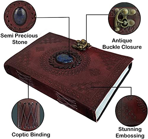 RUSTIC TOWN Leather Bound Journal for Men Women with Semi-Precious Stone & Buckle Closure - Book of Shadow Handmade Leather Travel Writing Notebook Diary Gift for Him Her