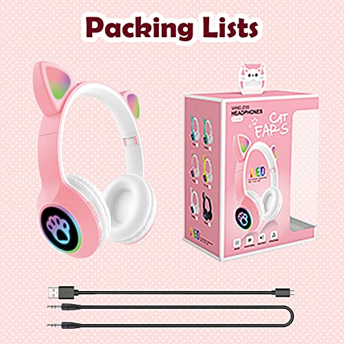 OONOL Kids Wireless Bluetooth Headphones, LED Light Over Ear Foldable Headphone with Microphone and Wired for Girls Women (Pink)