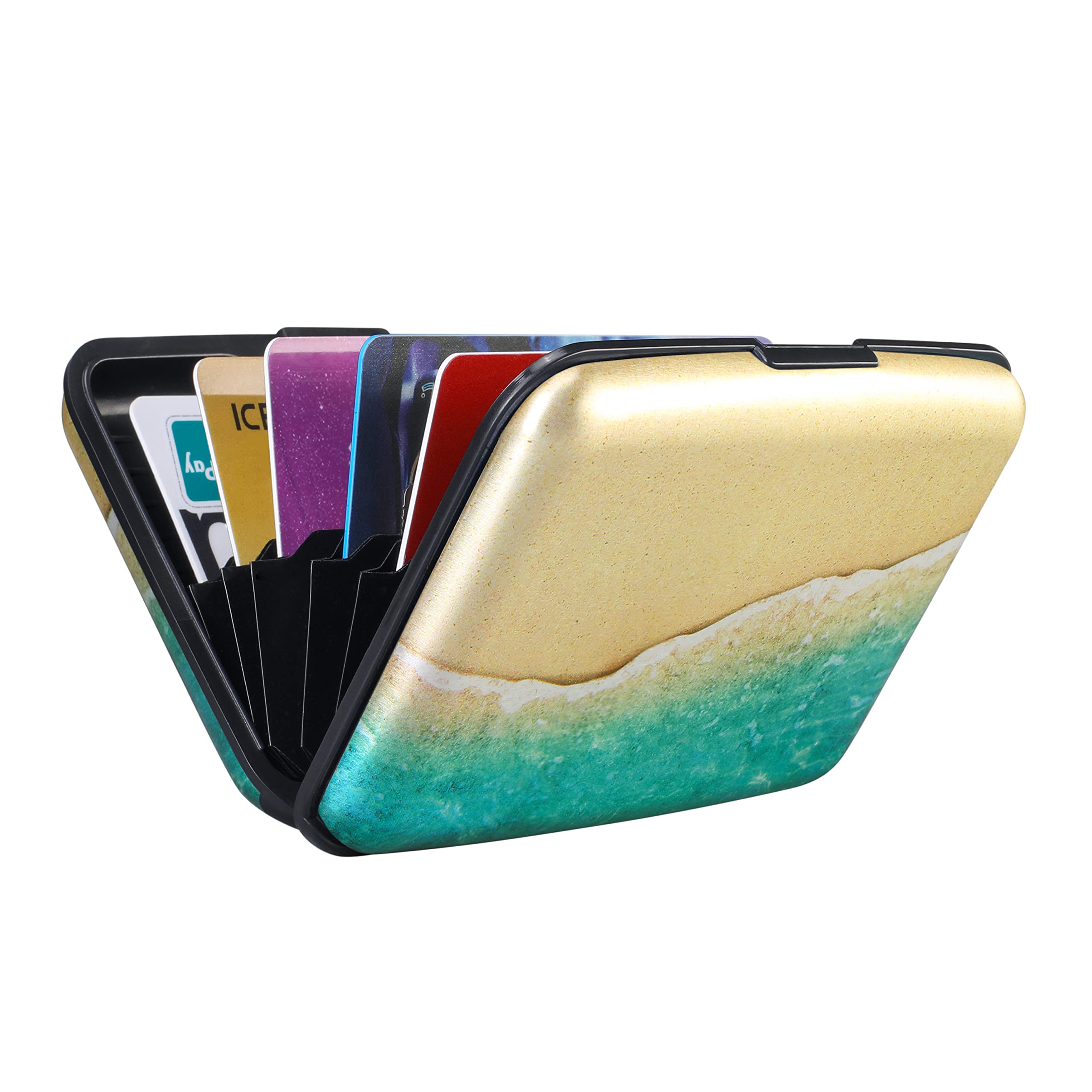 ELFISH Mini RFID Aluminum Wallet Credit Cards Holder Business Card Case Metal ID Case for Men Women(Beach