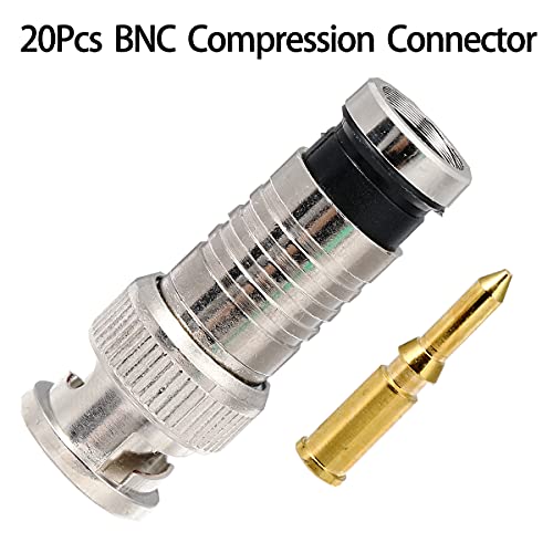 20PCS BNC Compression Connector 75 Ohm Coupler with Copper Pin for RG58-59 Crimper Video Plug Extension Coaxial Siamese Cable Crimper Adapter Male CCTV Home Security Camera Antena System