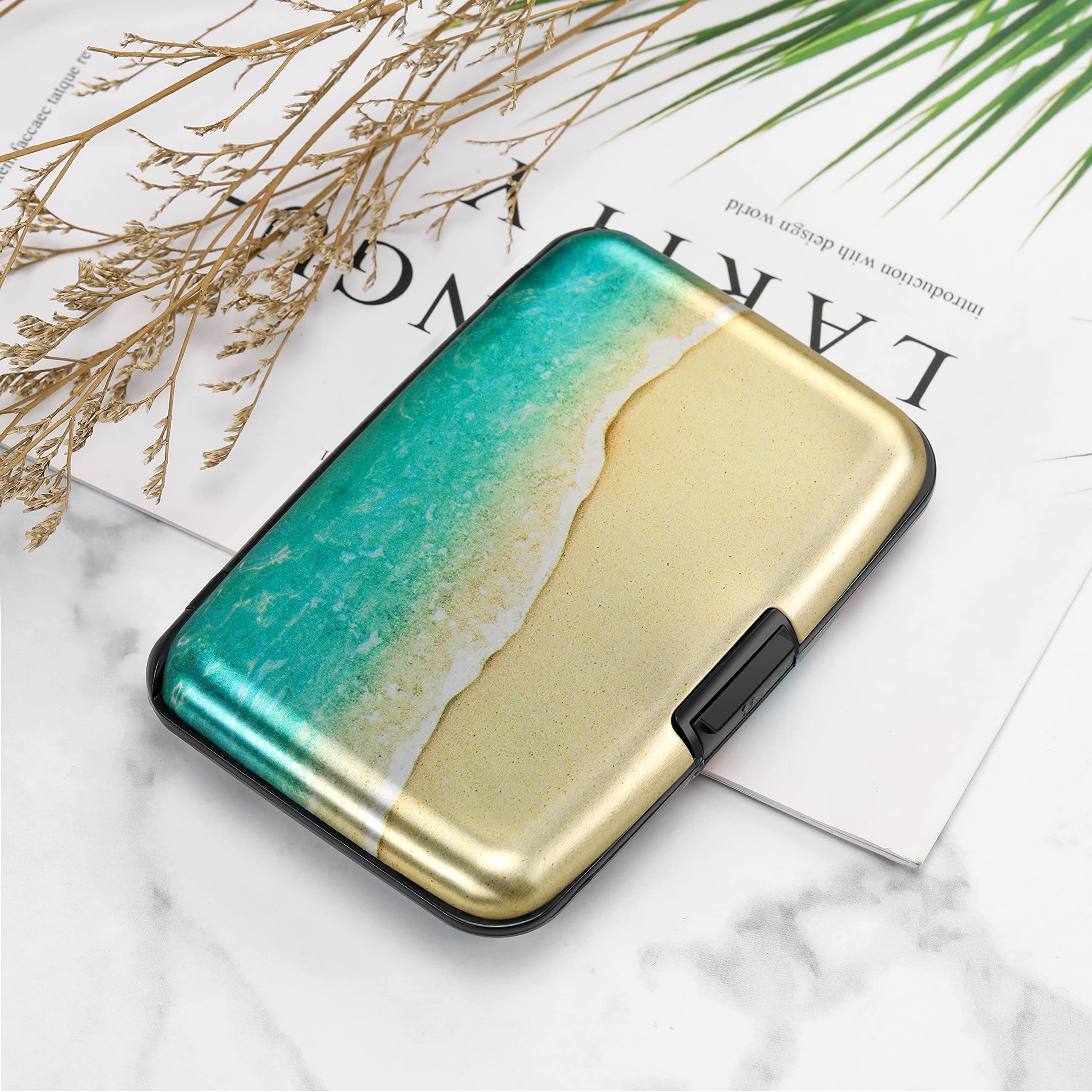 ELFISH Mini RFID Aluminum Wallet Credit Cards Holder Business Card Case Metal ID Case for Men Women(Beach