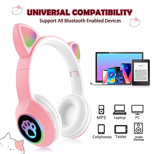 OONOL Kids Wireless Bluetooth Headphones, LED Light Over Ear Foldable Headphone with Microphone and Wired for Girls Women (Pink)