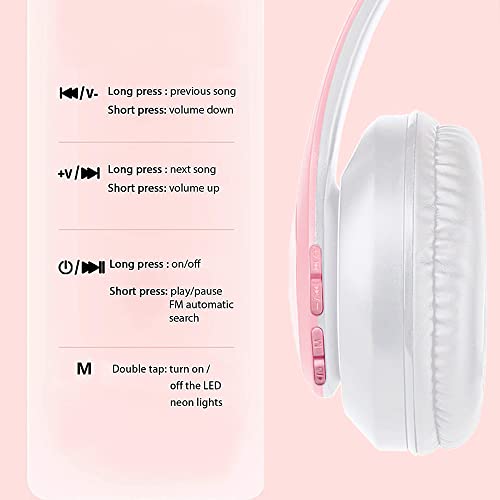 OONOL Kids Wireless Bluetooth Headphones, LED Light Over Ear Foldable Headphone with Microphone and Wired for Girls Women (Pink)